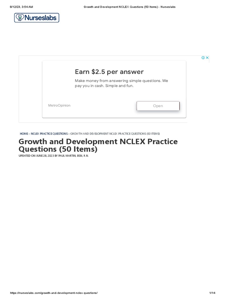Growth and Development NCLEX Questions (50 Items) - Nurseslabs | PDF