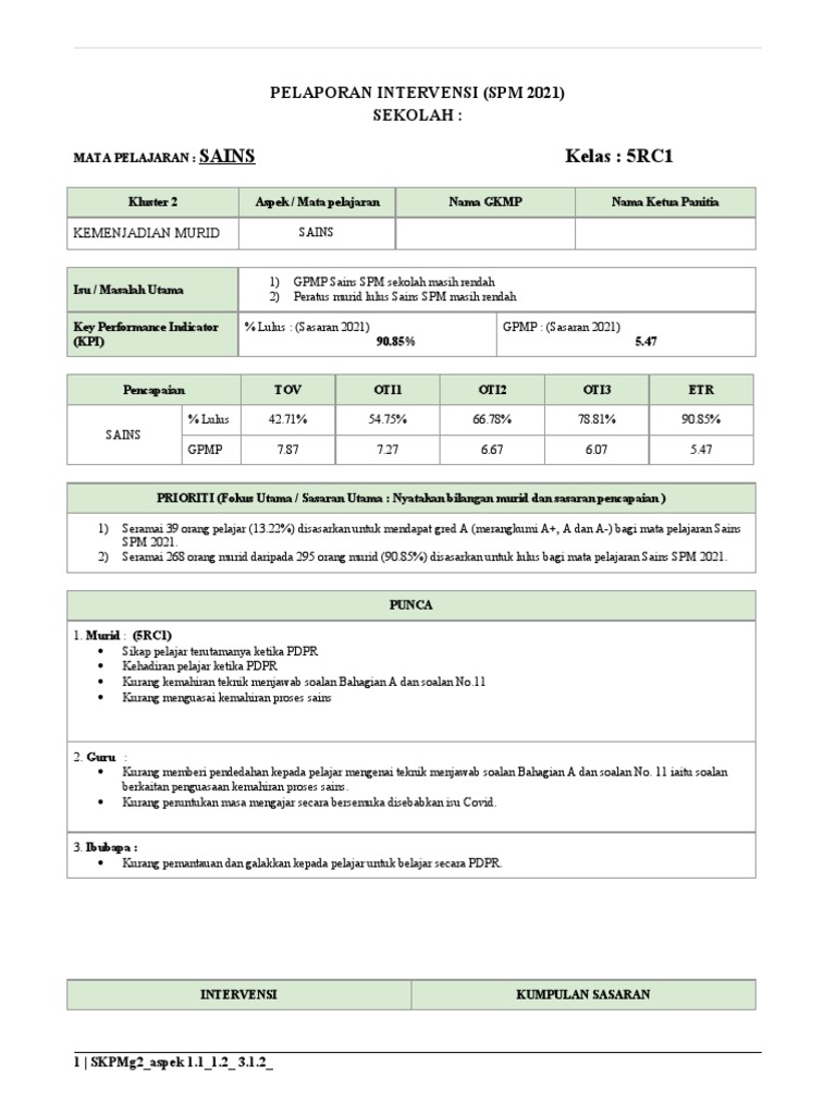 Pelaporan Intervensi Sains 5RC1 Dan 5RC2 2021 | PDF