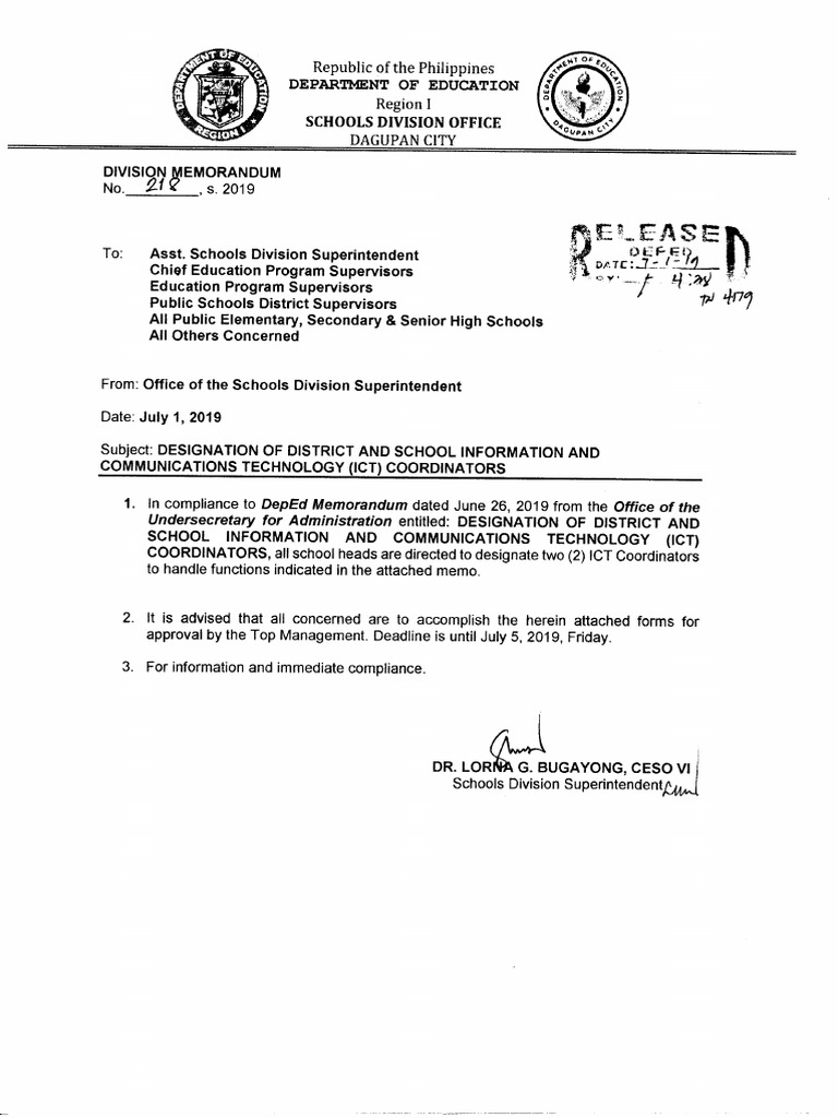 Division Memo No 218 S 2019 Designation of District and School Information and Communications ...