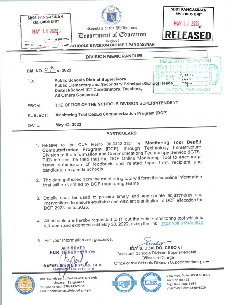 DM242s2022-Monitoring Tool DepEd Computerization Program (DCP) - 0001 | PDF