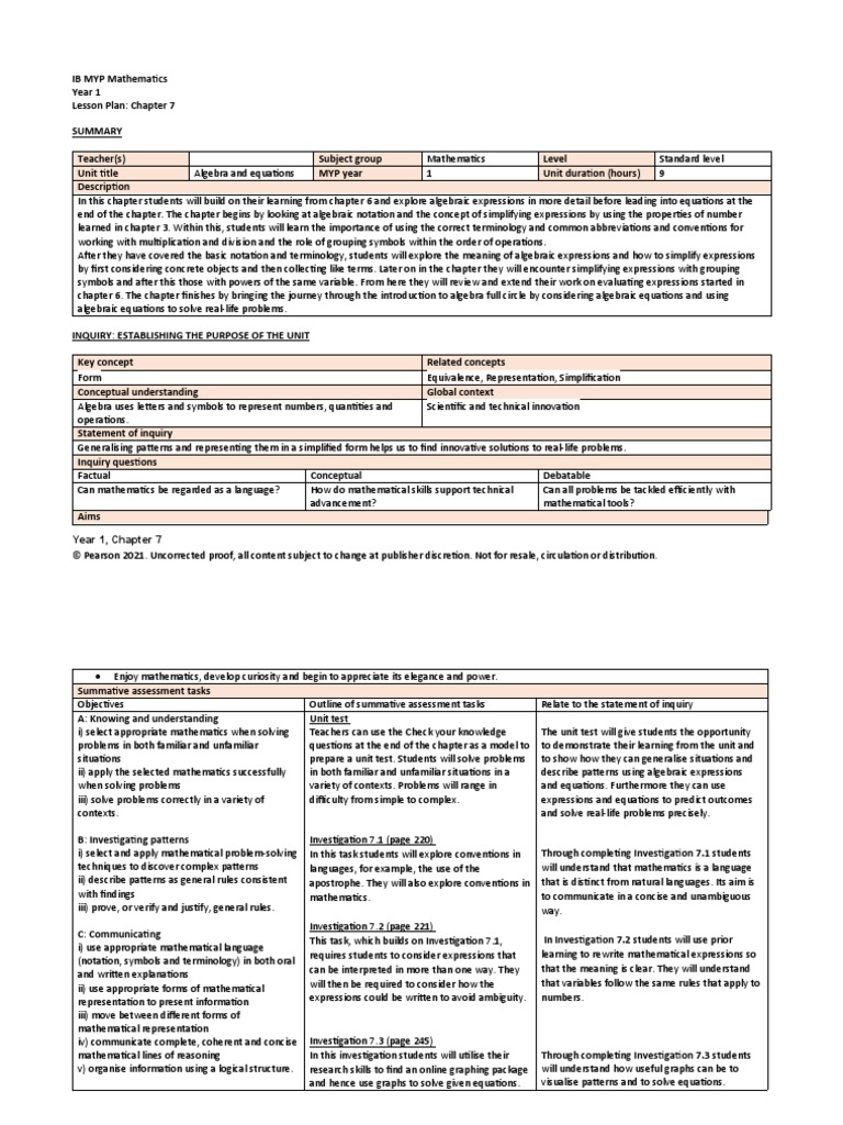 Pearson - MYP Maths - Unit Plan - Sample - Y1 Ch7 | PDF | Mathematics ...
