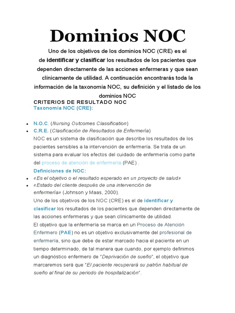 Dominios y Taxonomía NOC en Enfermería | PDF | Enfermería | Causas de ...