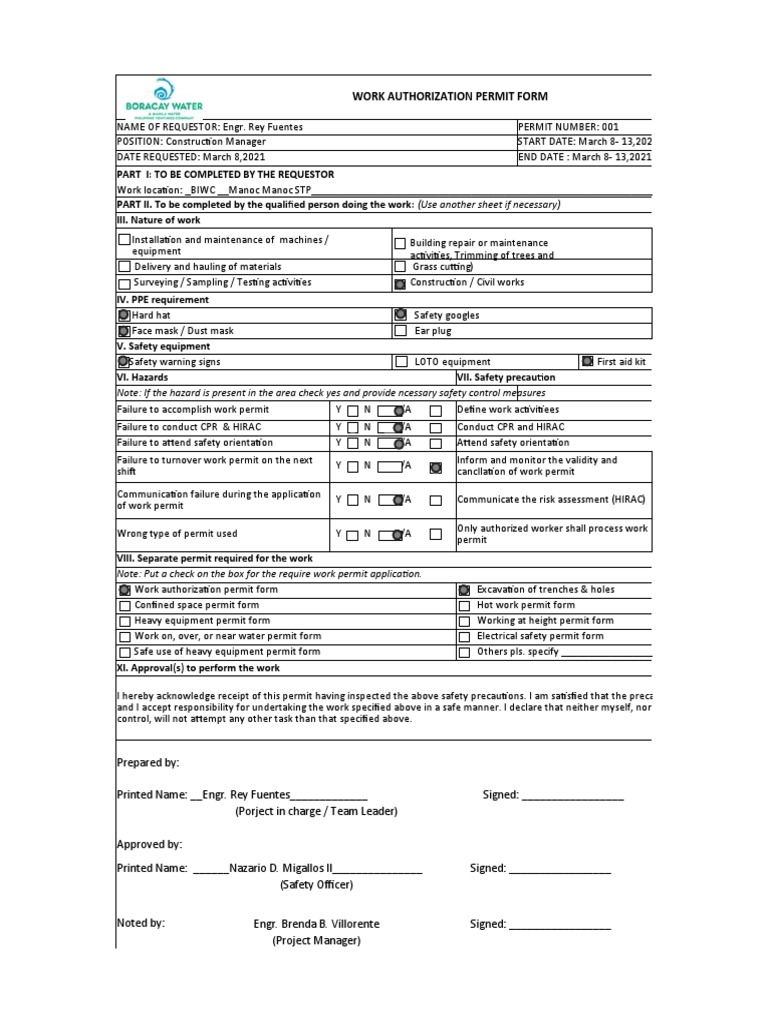 MW-OPS-SP-3.6.13F1 Work Authorization Permit Form 001 | PDF