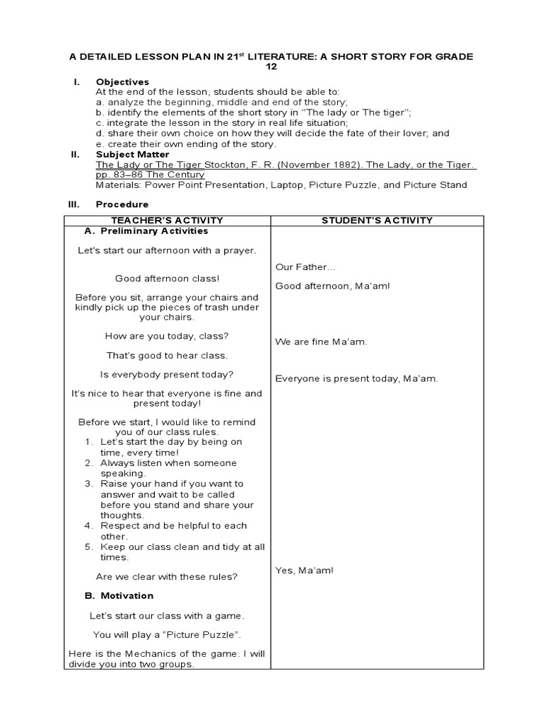 21st Century Literature: "The Lady or The Tiger" Lesson Plan | PDF ...