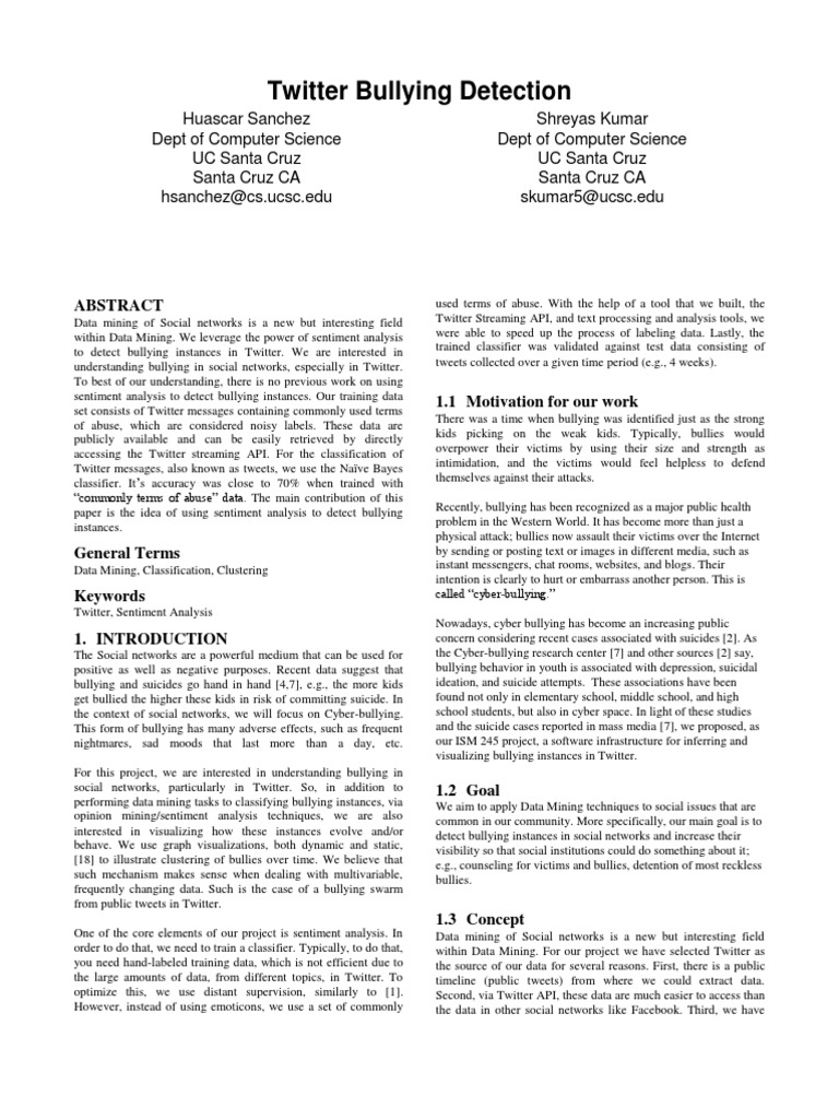 Twitter Bullying Detection Pdf Cyberbullying Statistical Classification