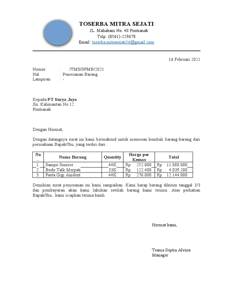 Surat Pemesanan Barang Ke-3-1 | PDF