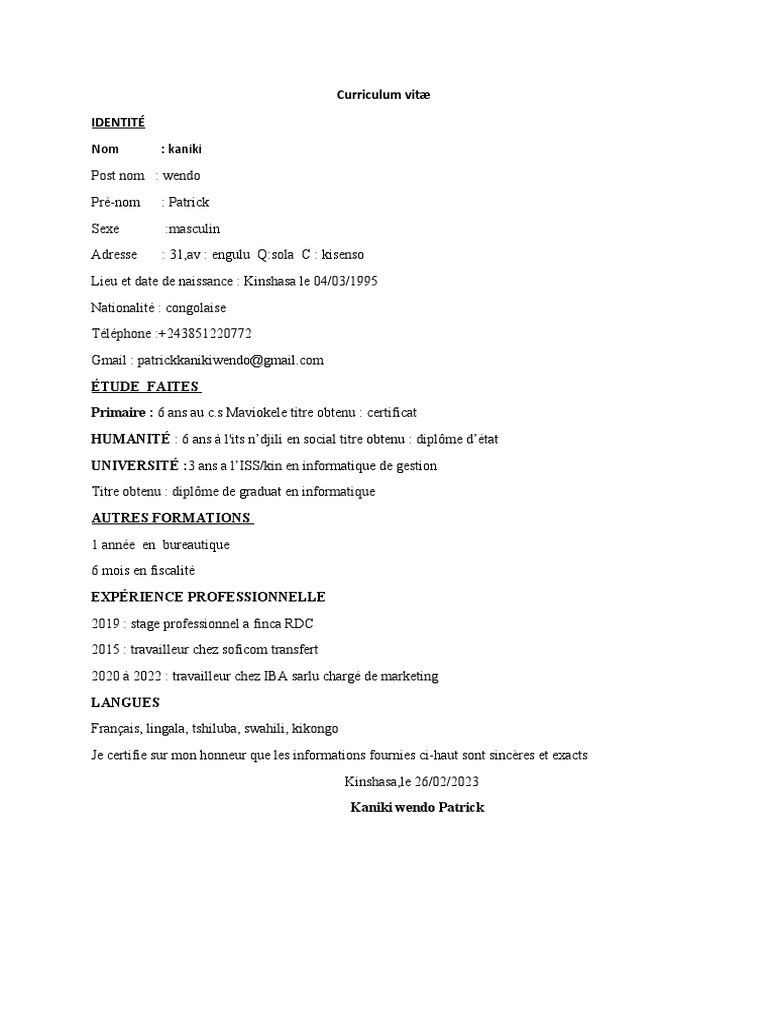 CV Patrick Kaniki | PDF