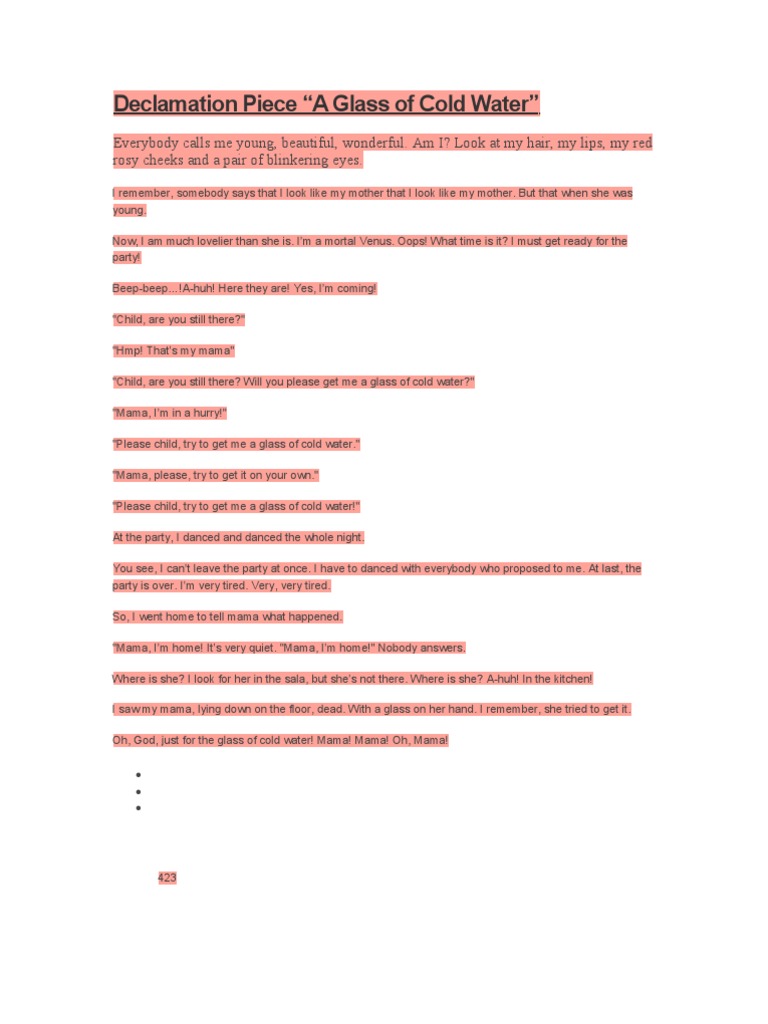 Declamation Piece "A Glass of Cold Water | PDF