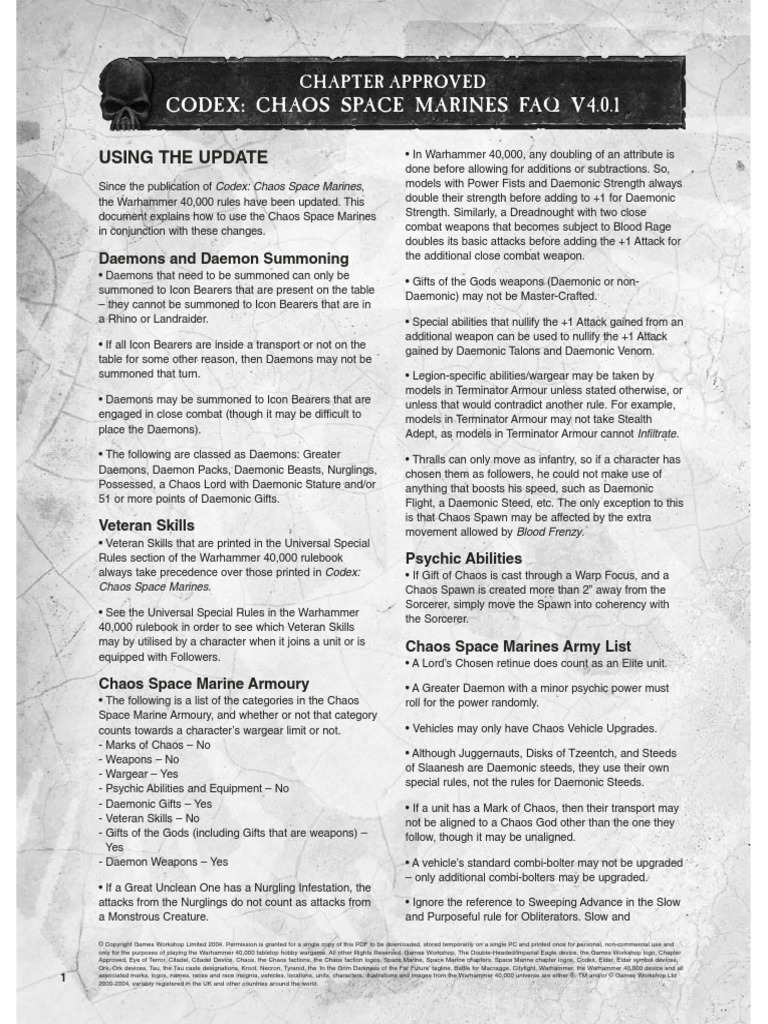 40K - Codex - Chaos Space Marines 3E FAQ v4.01 | PDF