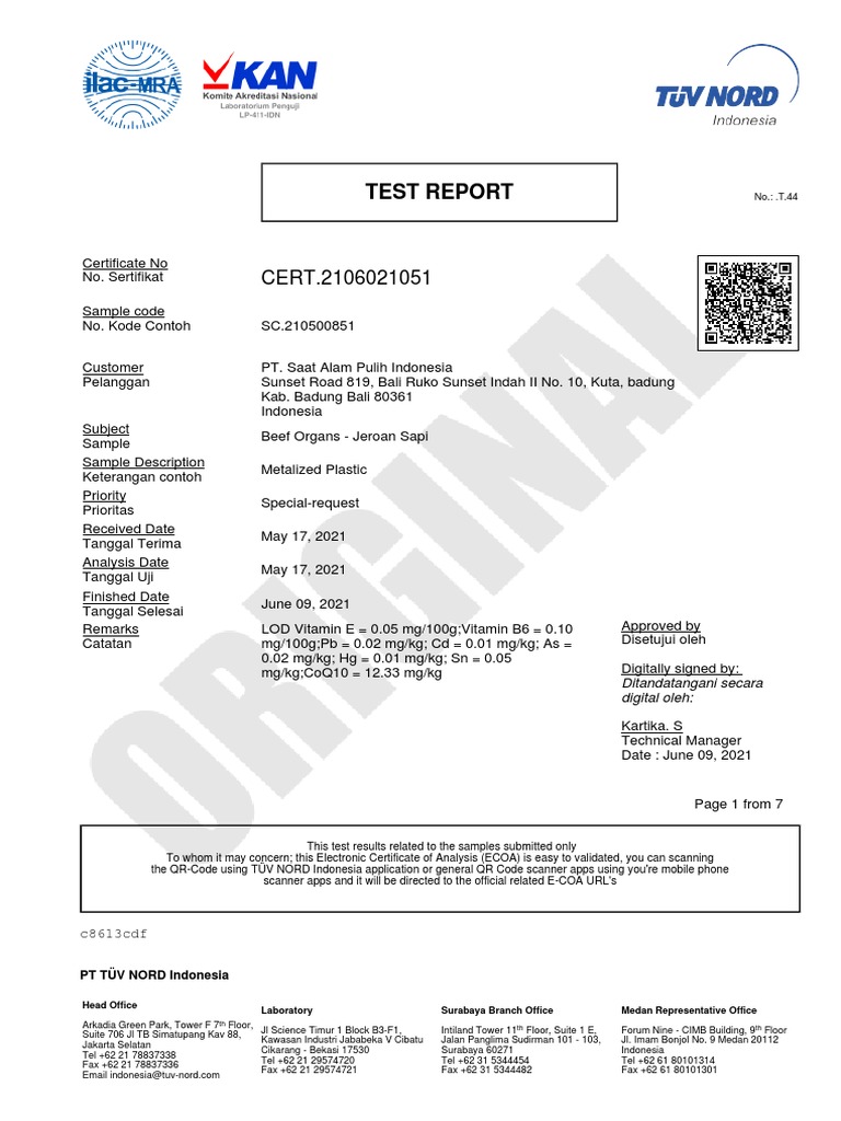 Beef Organs COA CERT.2106021051 - Official | PDF