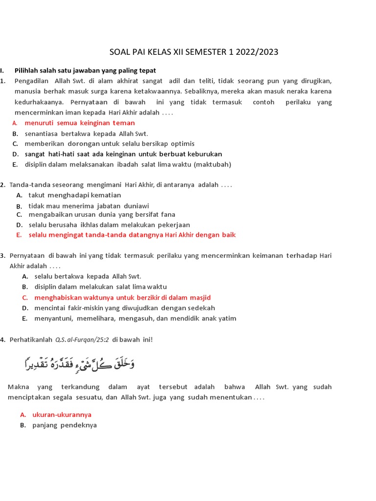 Soal Pai Kelas Xii Semester 1 2022 - 2023 | PDF