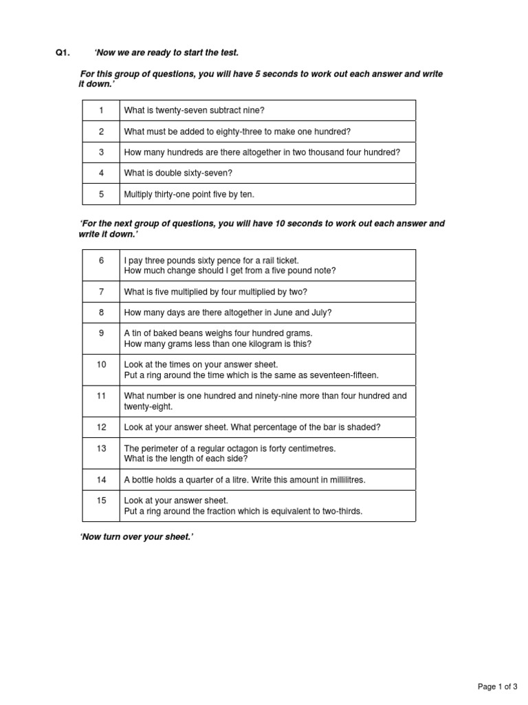 Y5 Mental-Maths Answer sheet | PDF