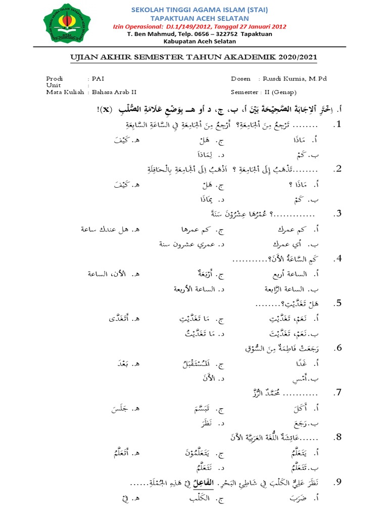 Ujian Final Arab BHS Semester Ii | PDF