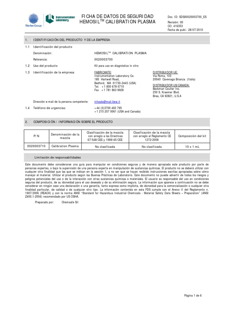 Hemosil Calibration Plasma | PDF