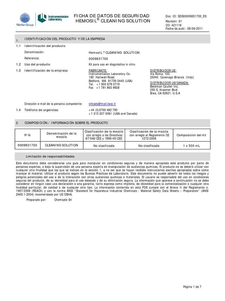 Hemosil Cleaning Agent | PDF | Química