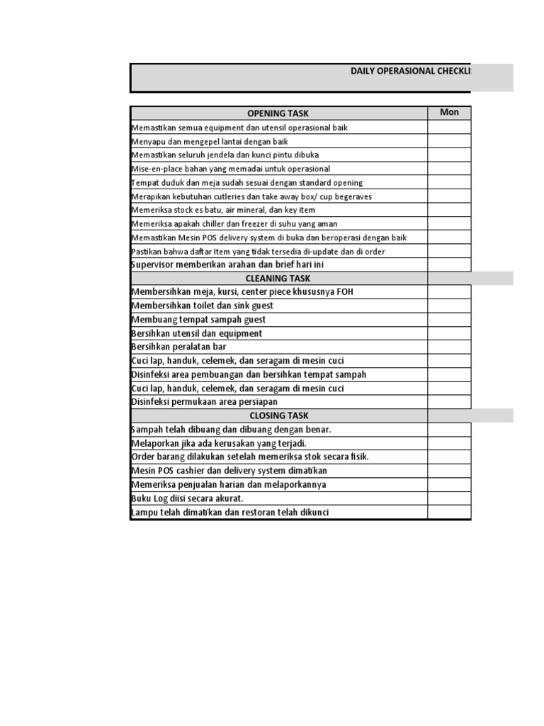 Checklist Operasional Harian Restoran | PDF | Memasak, Makanan ...
