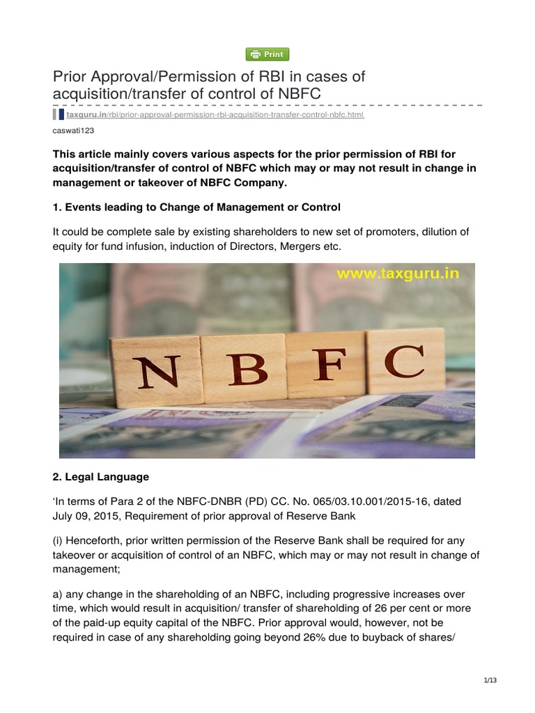 Prior Approval Permission of RBI in Cases of Acquisition Transfer of Control of NBFC | PDF