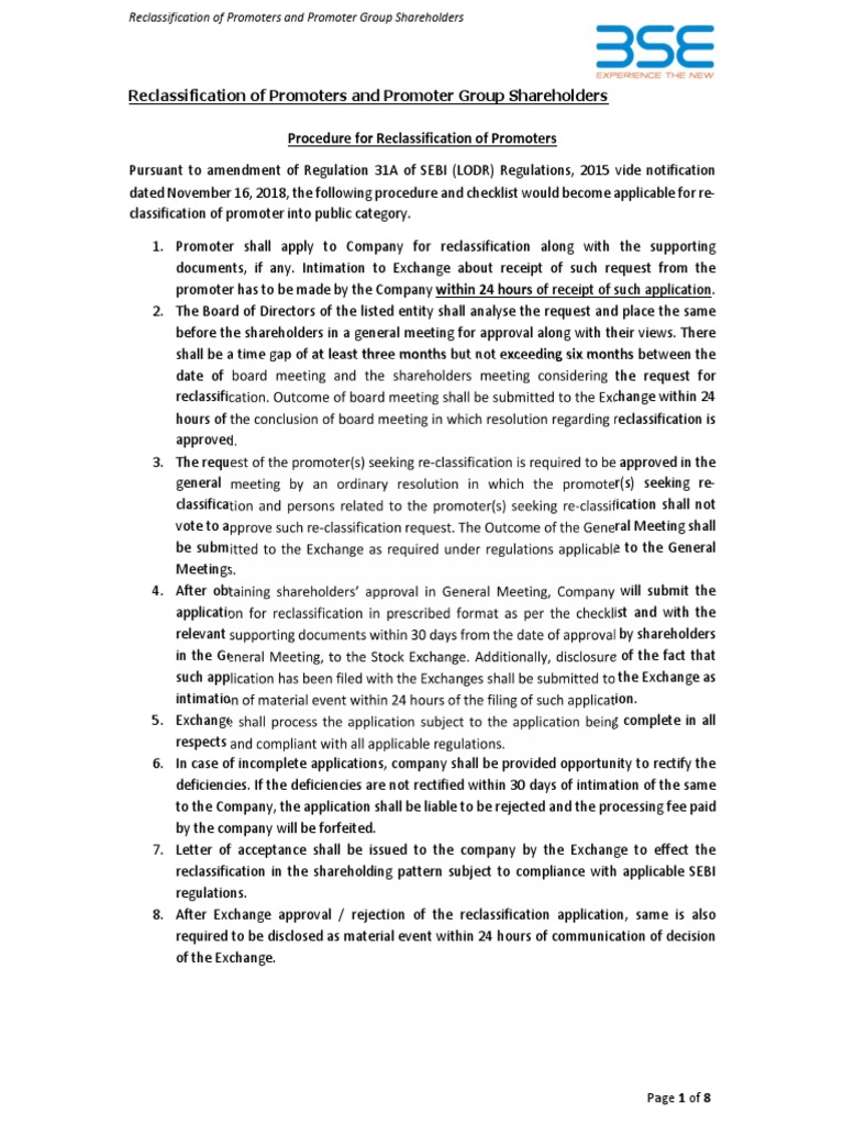 Promoter Reclassification Checklist | PDF | Board Of Directors | Stocks