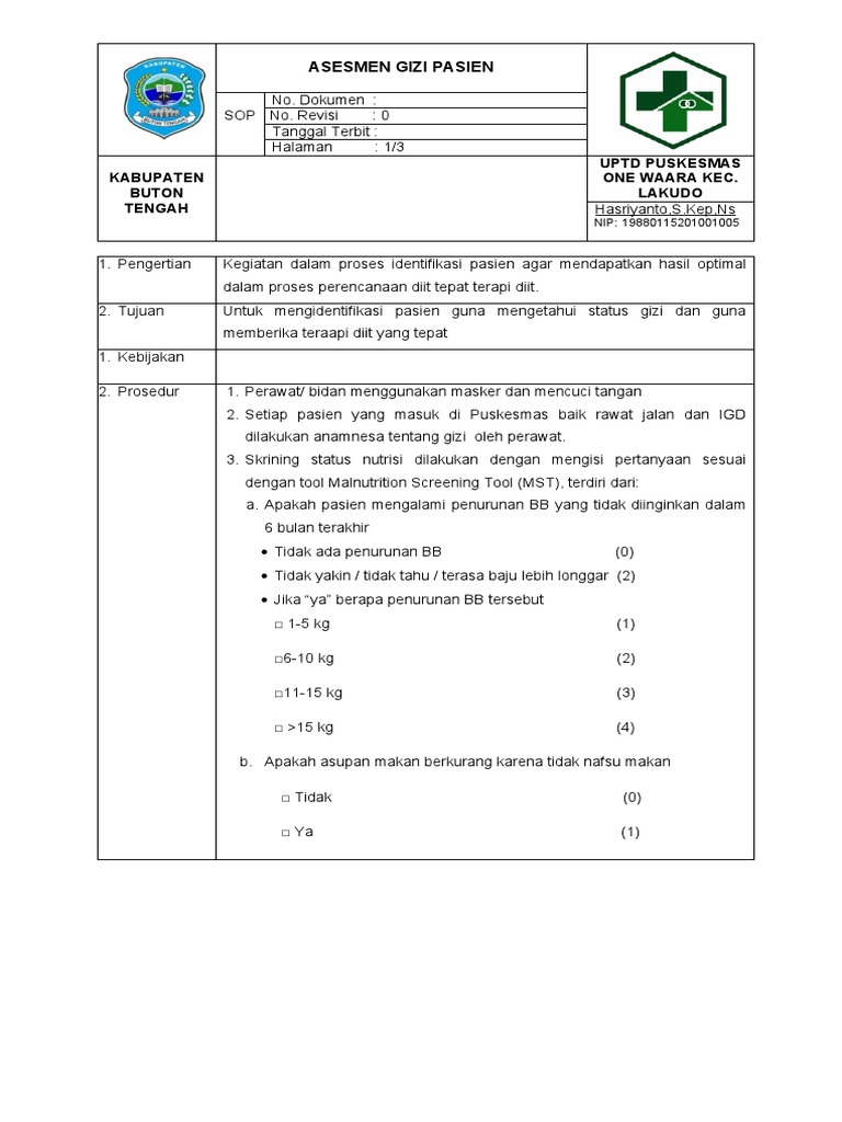Sop Asesmen Gizi Pasien | PDF