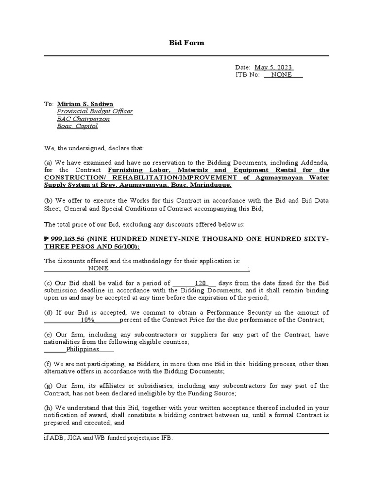 BID FORM (Agumaymayan Water Supply) | PDF