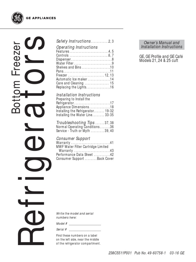 GE Refrigerator Owner's Manual & Installation | PDF | Refrigerator | Ac ...