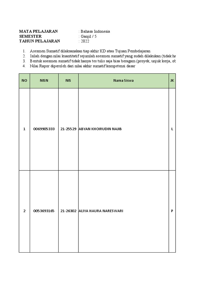 Daftar Nilai Sumatif Xi - (Pas) | PDF