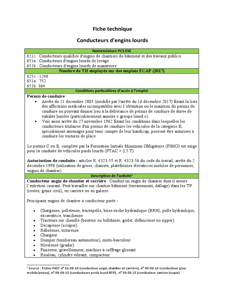 Fiche Technique Conducteurs D Engins Lourds | PDF