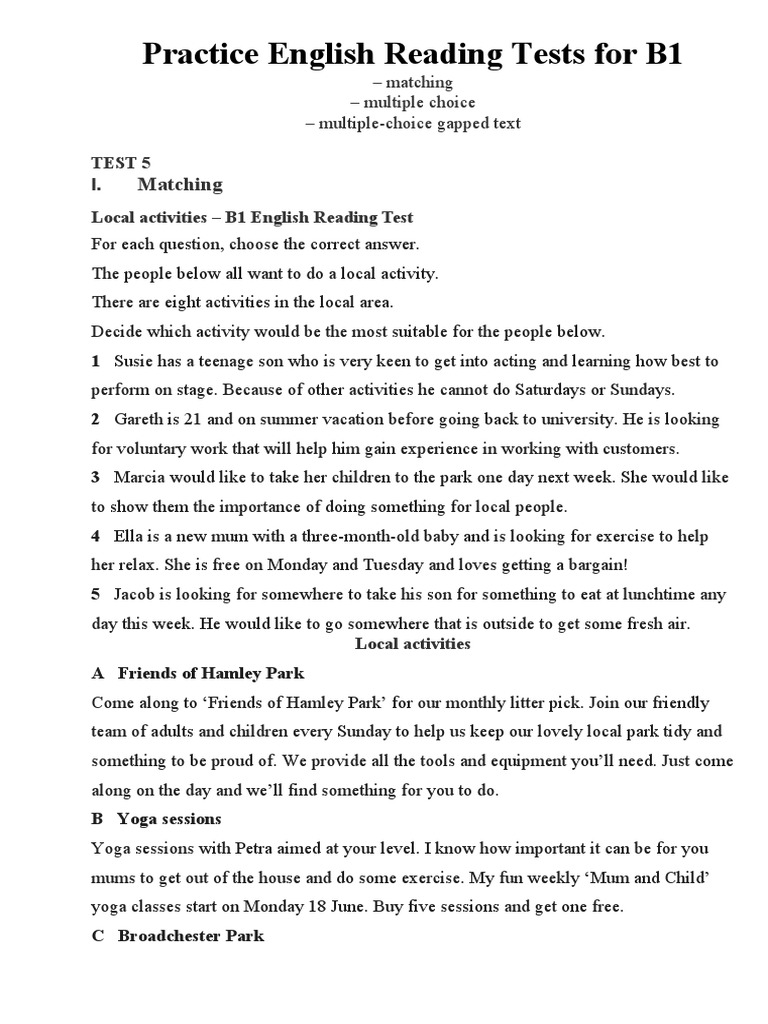 Practice English Reading Tests For B1 5 | PDF | Self-Improvement