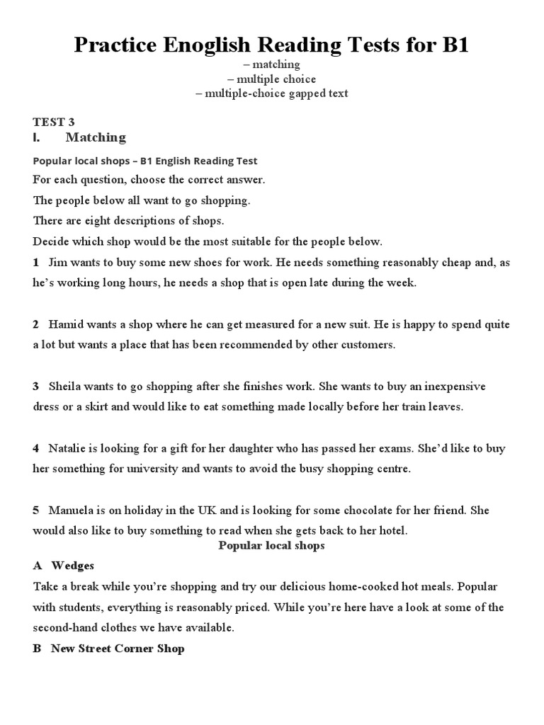 B1 English Reading Practice Tests | PDF