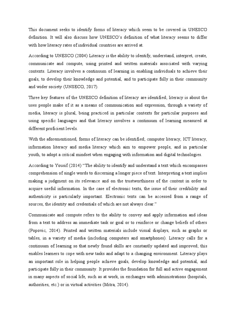Definition of Literacy by UNESCO and How It Differs Literate Rates From ...