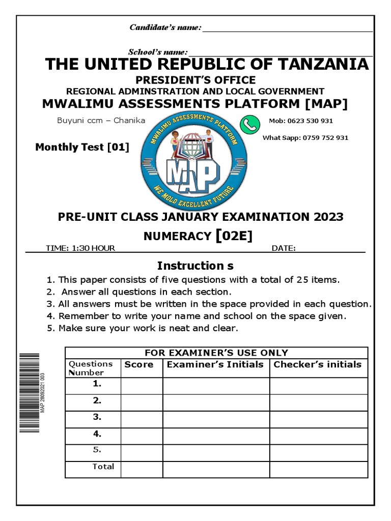 Pre-Unit Class Exam Papers 2023 | PDF