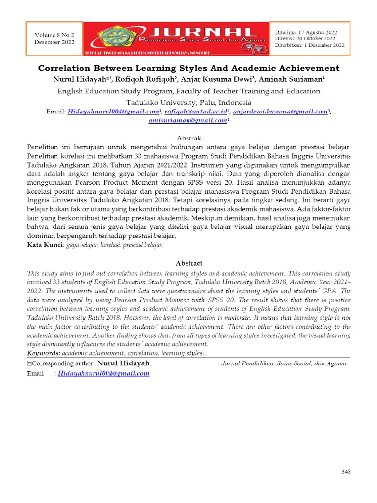 Correlation Between Learning Styles and Academic Achievement | PDF