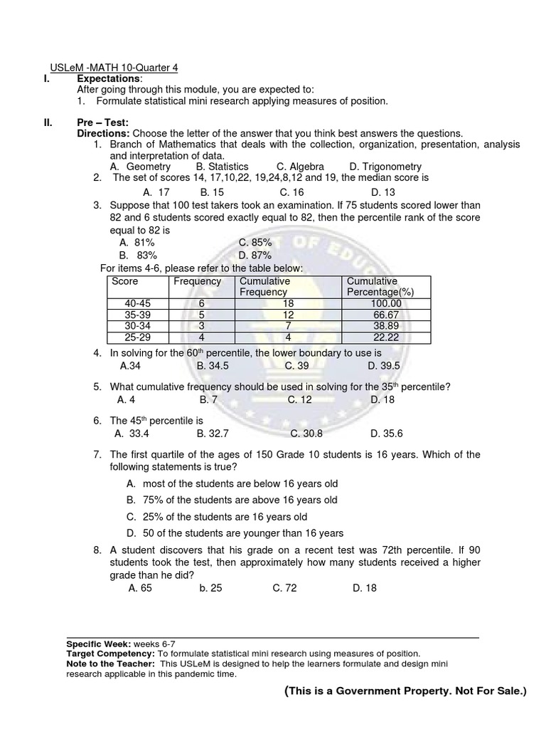 USLeM - Math 10 Q4 - Weeks 6 7 | PDF | Career & Growth