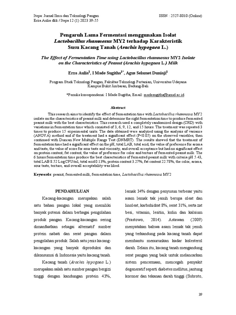 Pengaruh Lama Fermentasi Menggunakan Isolat Lactobacillus RhamnosusMY2 Terhadap Karakteristik ...