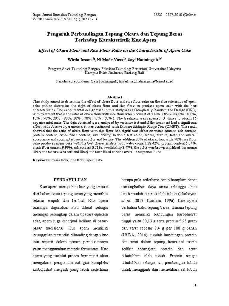 Pengaruh Perbandingan Tepung Okara Dan Tepung BerasTerhadap Karakteristik Kue Apem | PDF ...