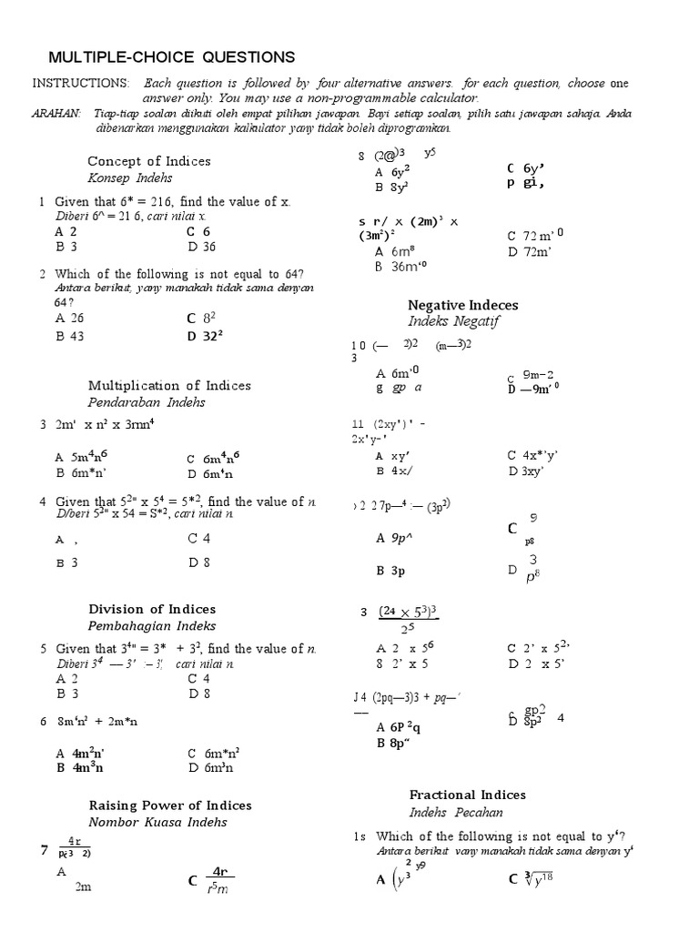 Math Indices Practice Quiz | PDF