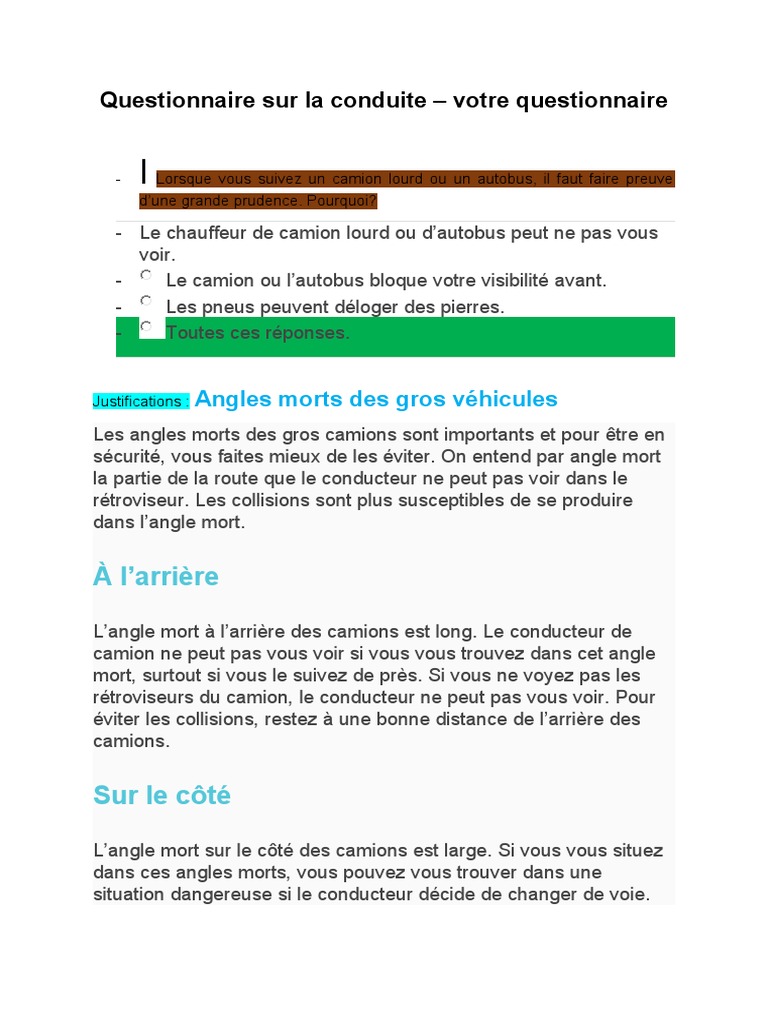 Questionnaires Examen Auto École | PDF