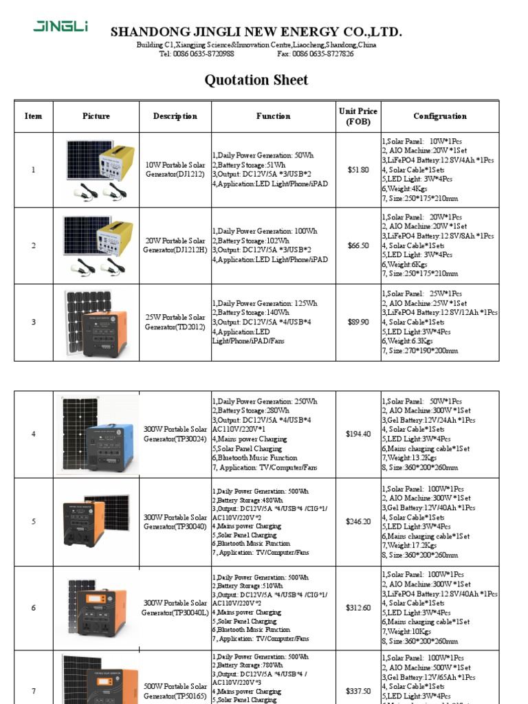 Portable Solar Generator Quotation Sheet - JINGLi | PDF | Technology ...