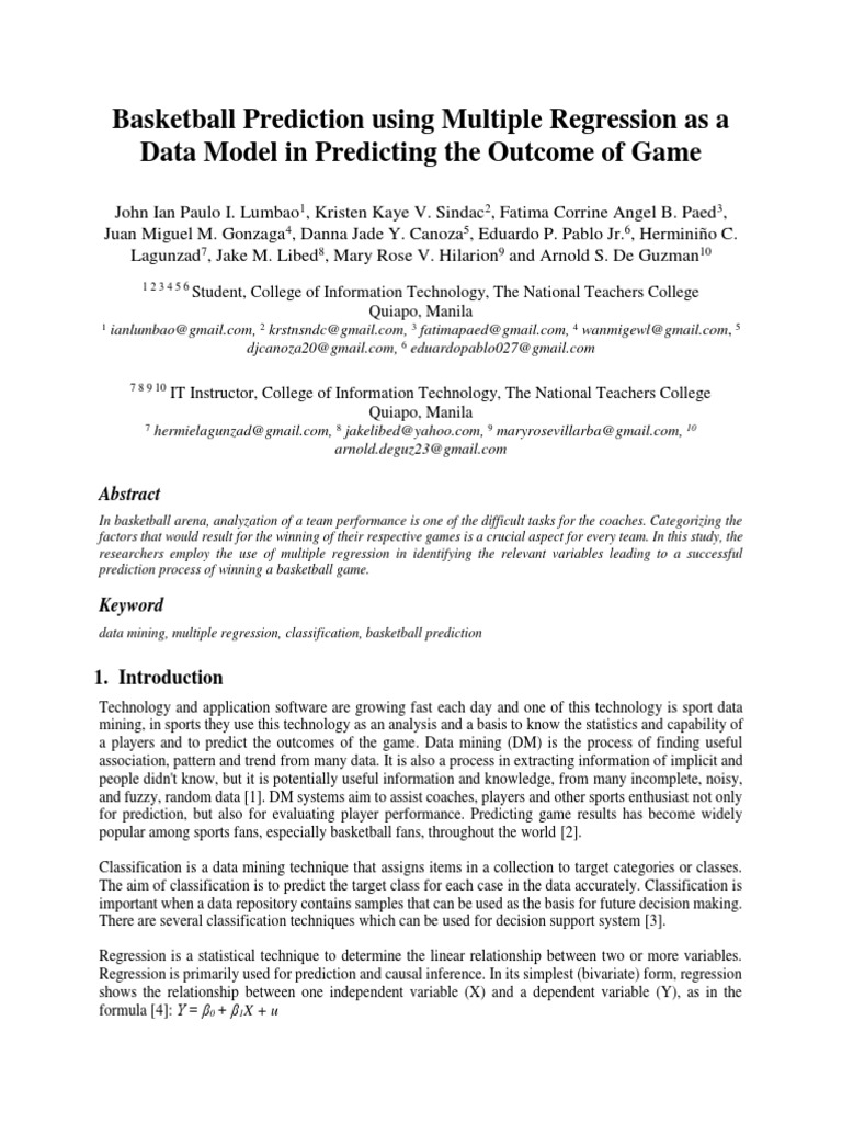 Basketball Prediction Using Multiple Regression As A Data Model in ...
