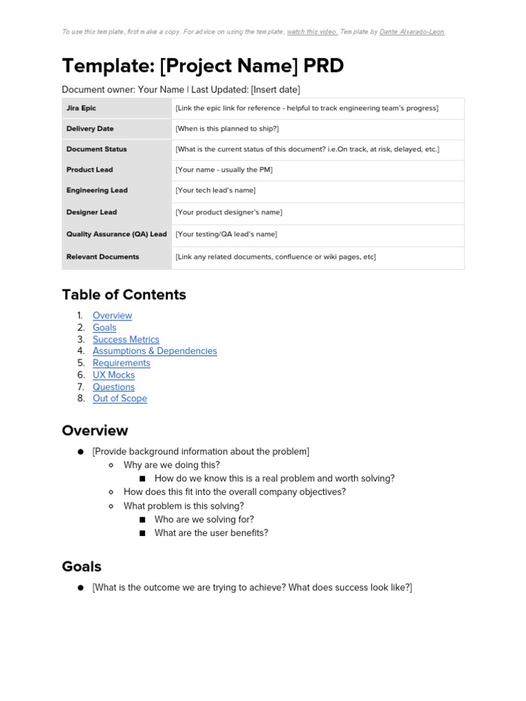 Product Reqs Document (PRD) Template | PDF