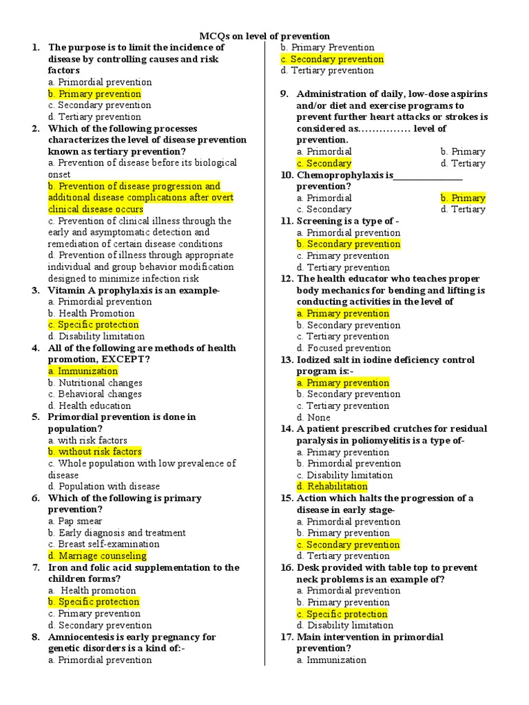Answer_Level of Prevention__ MCQs (1) | PDF