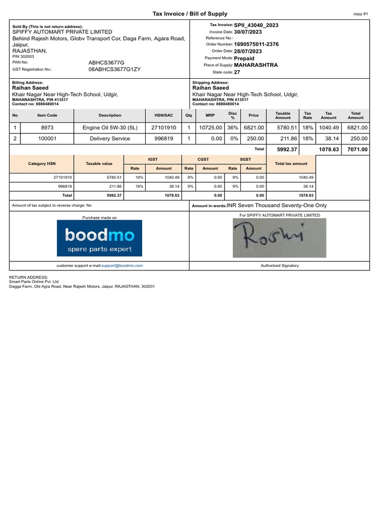 Boodmo Invoice SPII 43040 2023 | PDF