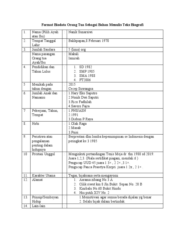 Format Biodata Dan Informasi Orang Tua Sebagai Bahan Menulis Teks
