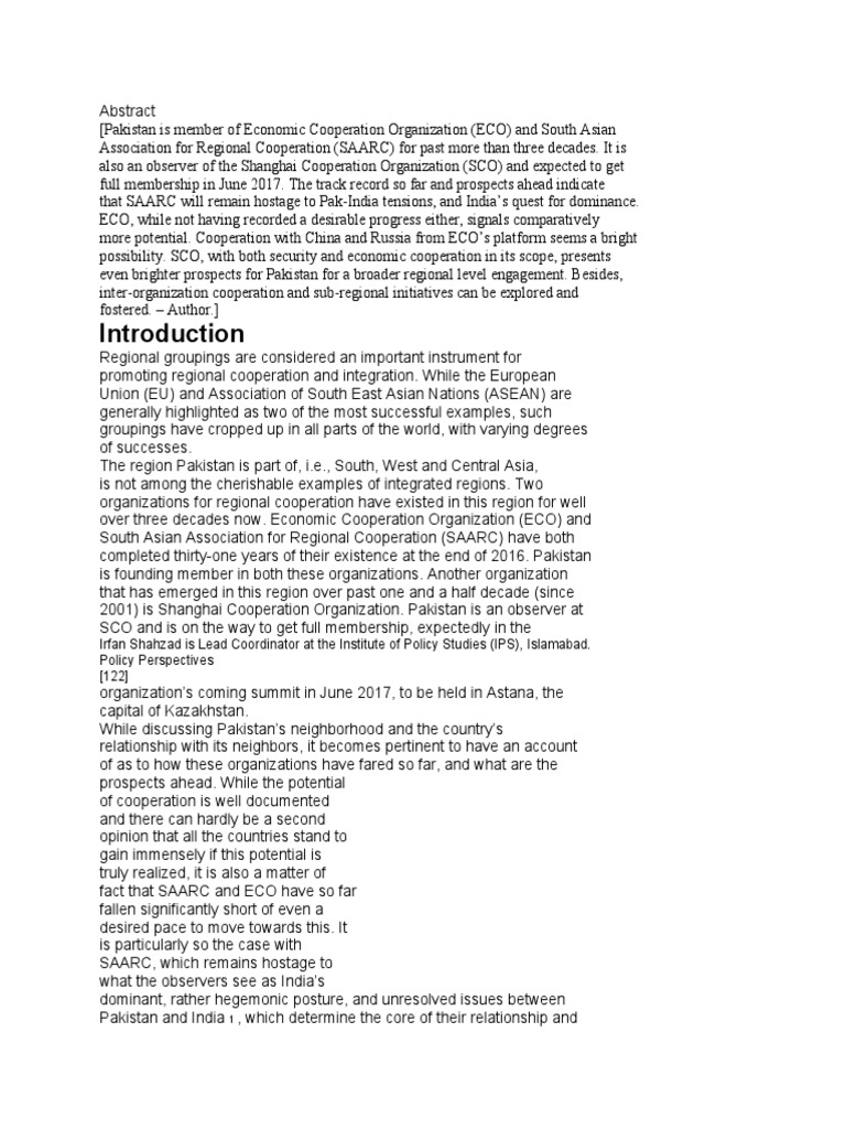 Pakistan and Saarc Eco and Sco | PDF