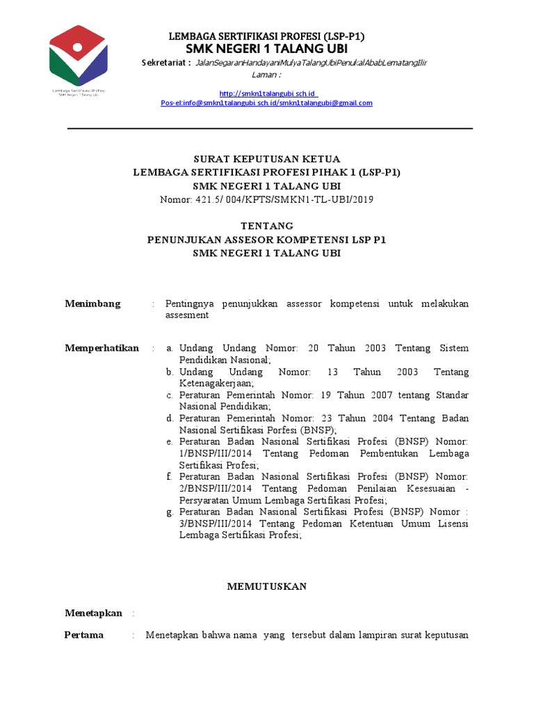 004-SK Penetapan Asesor Kompetensi | PDF