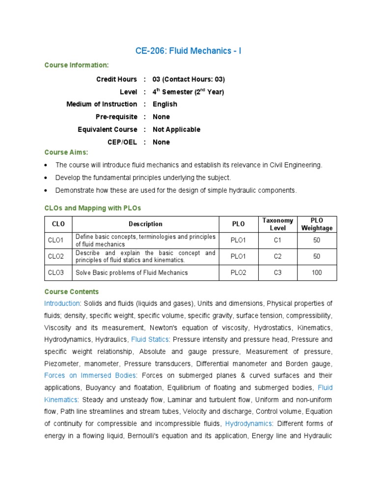 CE 206-Fluid Mechanics-I | PDF