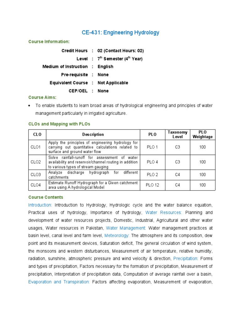 Hydrology Course for 4th Year Students | PDF | Hydrology | Discharge ...