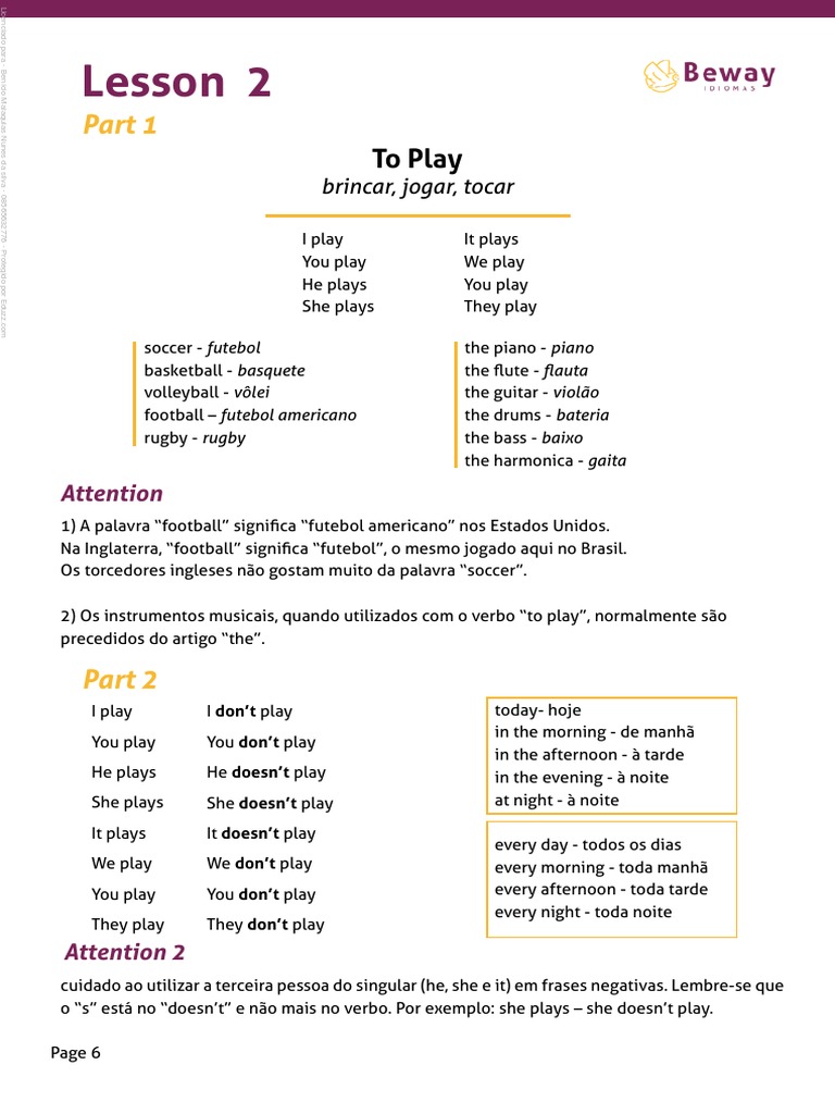 Conjugação do Verbo "To Play" em Inglês | PDF