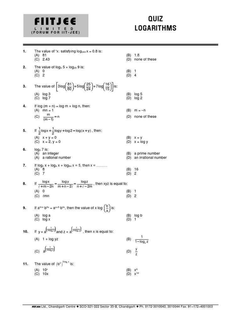 Logarithms Quiz Solutions | PDF