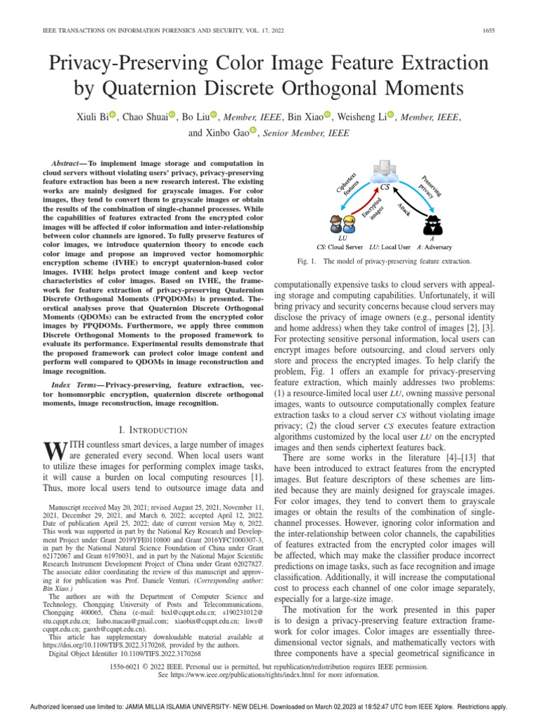 Privacy-Preserving Color Image Feature Extraction by Quaternion Discrete Orthogonal Moments | PDF